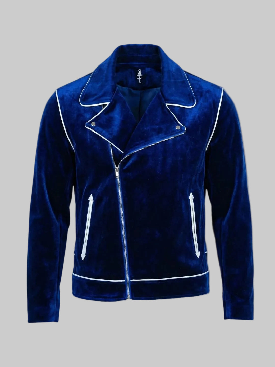 "Dead Vultures Can’t Fly” Pearl Velvet Moto Jacket (Blue) – sia collective